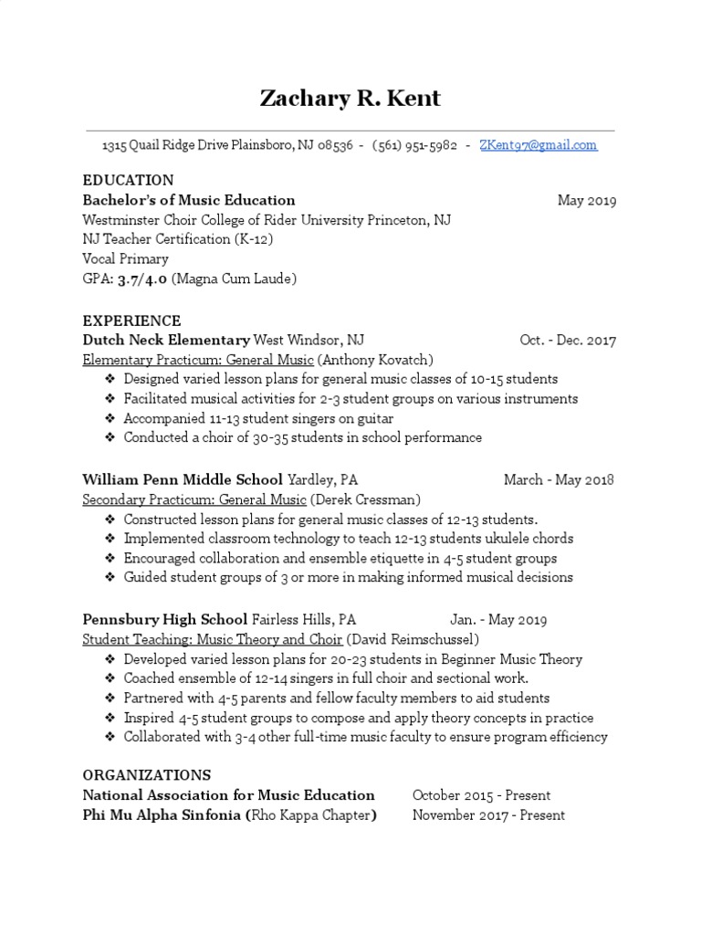 Zachary Robert Kent - Resume | PDF | Choir | Classical Music