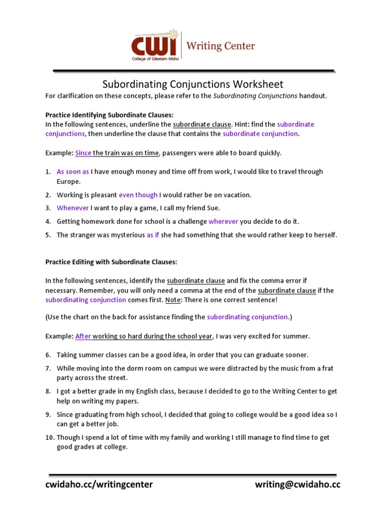 Subordinating Conjunctions Worksheet | PDF