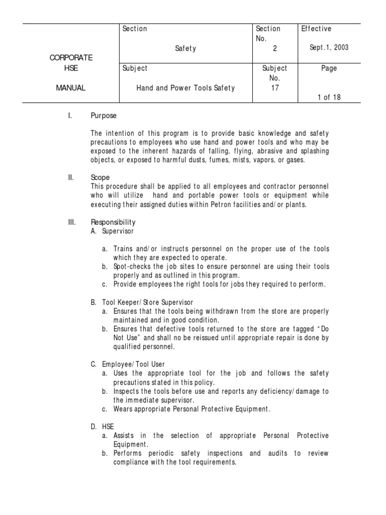 Hand and Power Tools Safety Guidelines | PDF | Personal Protective ...