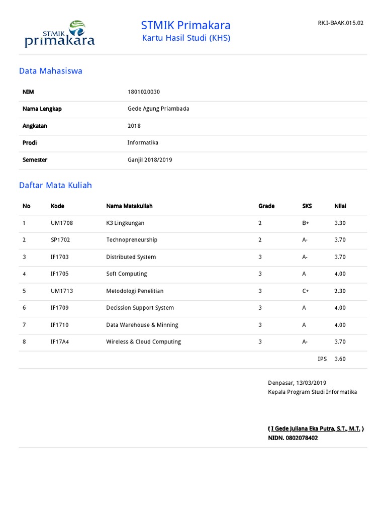 STMIK Primakara: Kartu Hasil Studi (KHS) | PDF