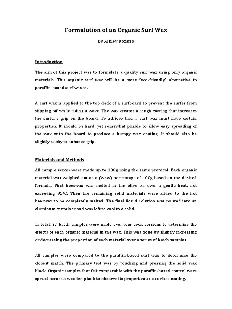 Organic Surf Wax Formulation Guide | PDF | Wax | Materials