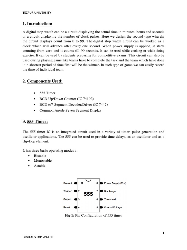 Tezpur University: Fig 1: Pin Configuration of 555 Timer | PDF ...