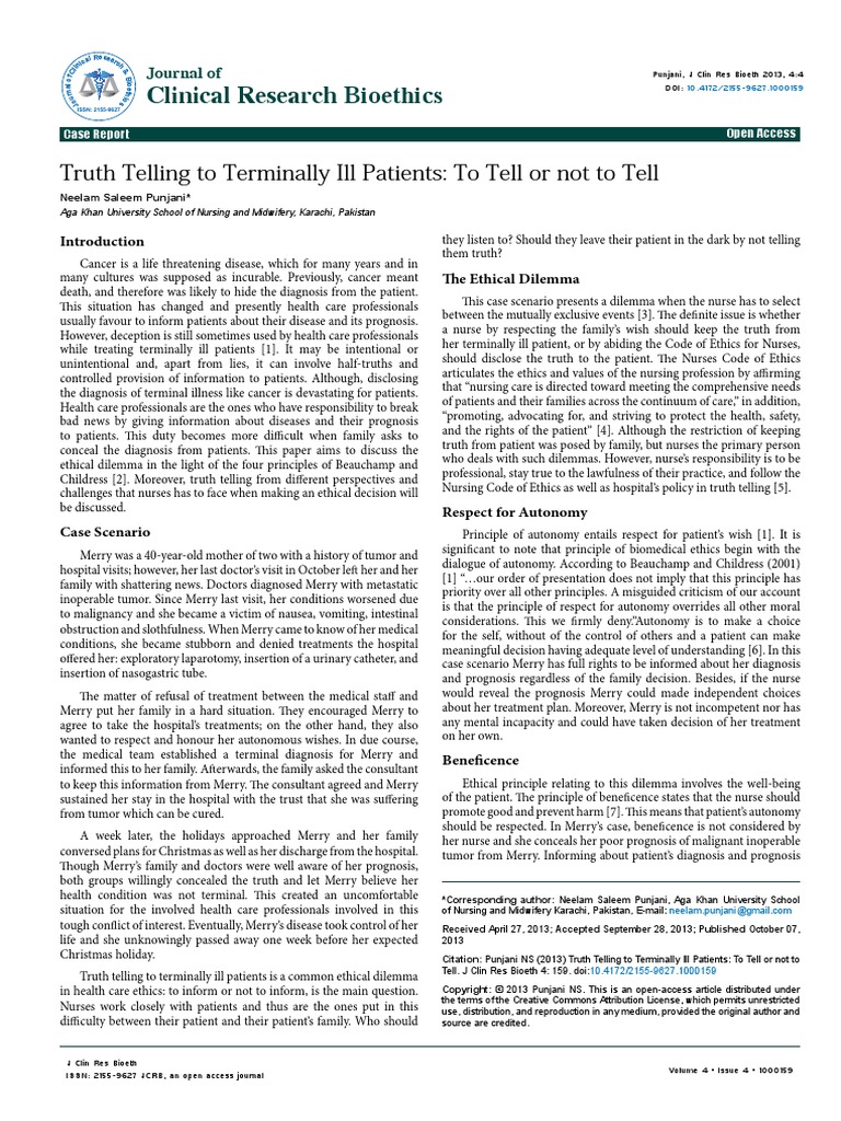 Truth Telling To Terminally Ill Patients To Tell or Not To Tell 2155 ...