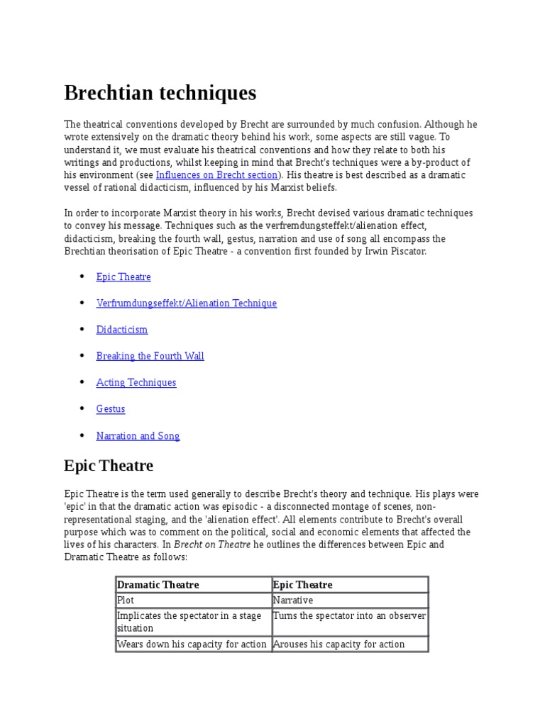 Brechtian Techniques: Epic Theatre | PDF | Theatre | Entertainment ...