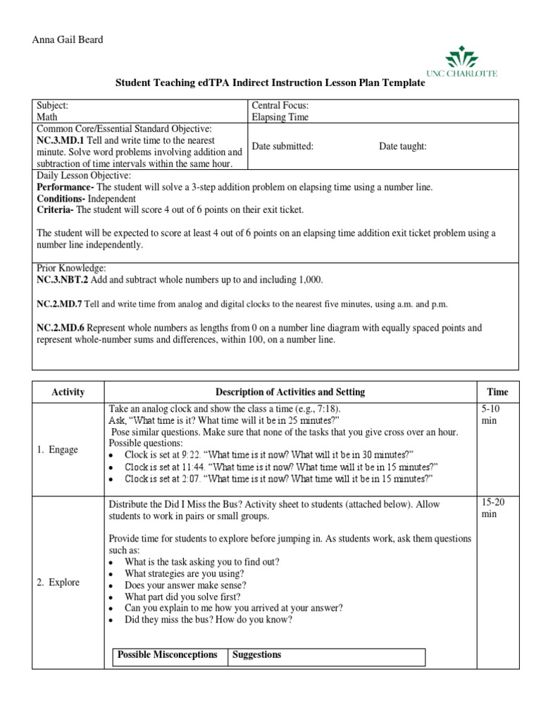 Student Teaching Edtpa Indirect Instruction Lesson Plan Template | PDF ...