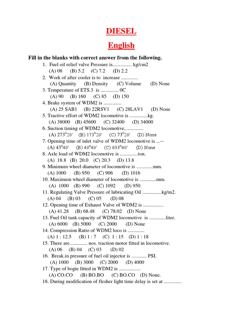 Diesel Locomotive Technical Quiz | PDF | Locomotives | Diesel Engine