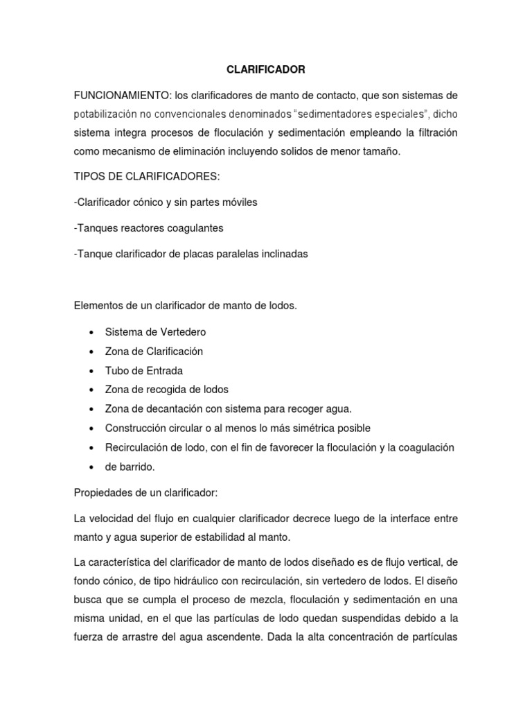 Tipos y Funcionamiento de Clarificadores | PDF | Filtración | Naturaleza