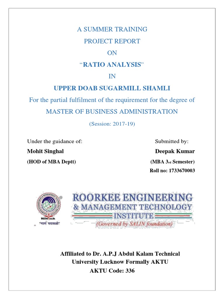A Summer Training Project Report ON "Ratio Analysis" IN: Upper Doab ...