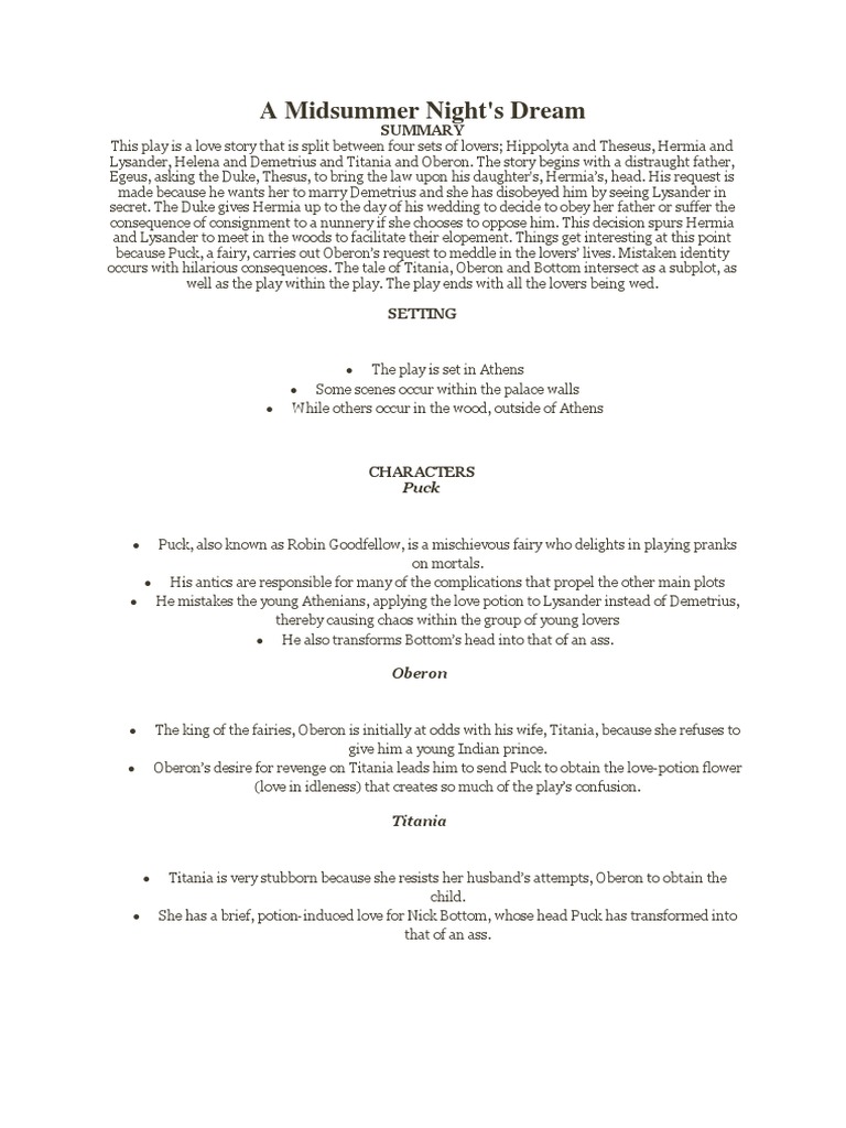 CSEC English B Short Story Summaries | PDF | A Midsummer Night's Dream