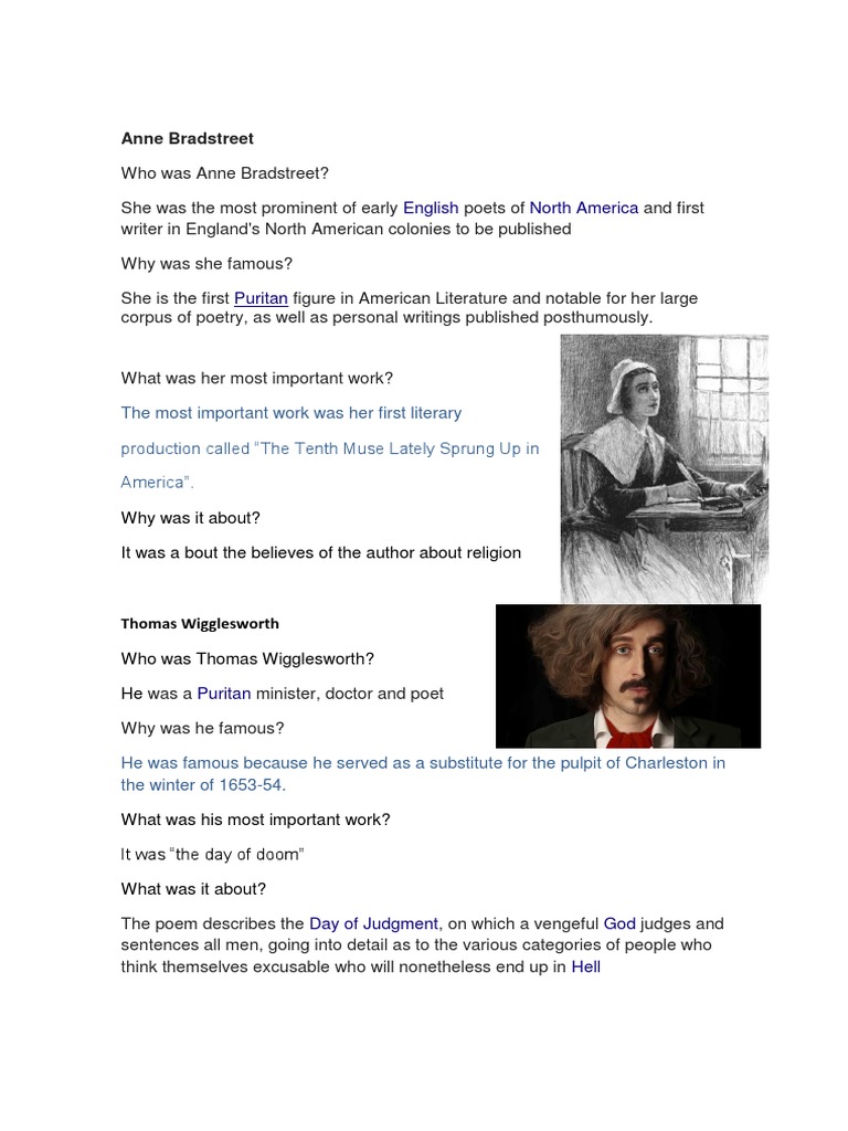 Anne Bradstreet: Early American Poet | PDF | History | Religion ...