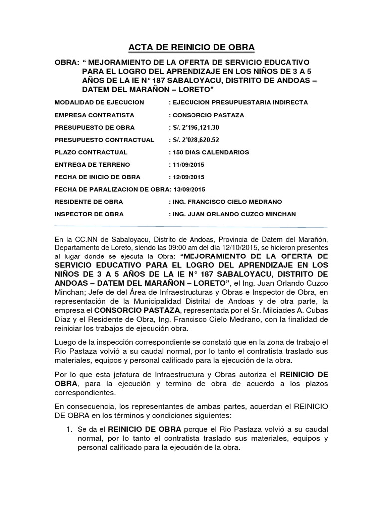 Acta de Reinicio de Obra | PDF | Gobierno