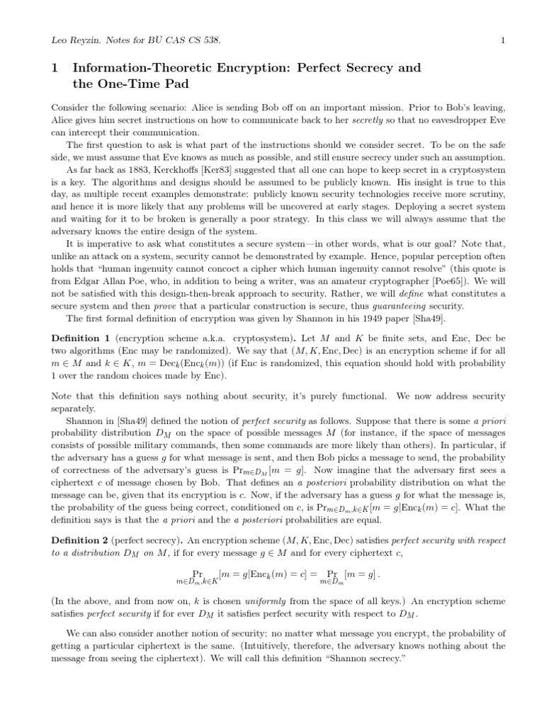 1 Information-Theoretic Encryption: Perfect Secrecy and The One-Time ...