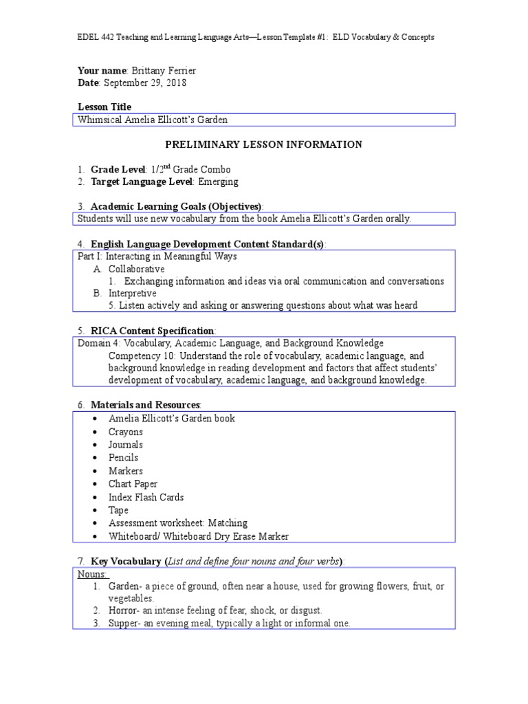 Eld Template Final Draft - Revised | PDF | Vocabulary | Learning
