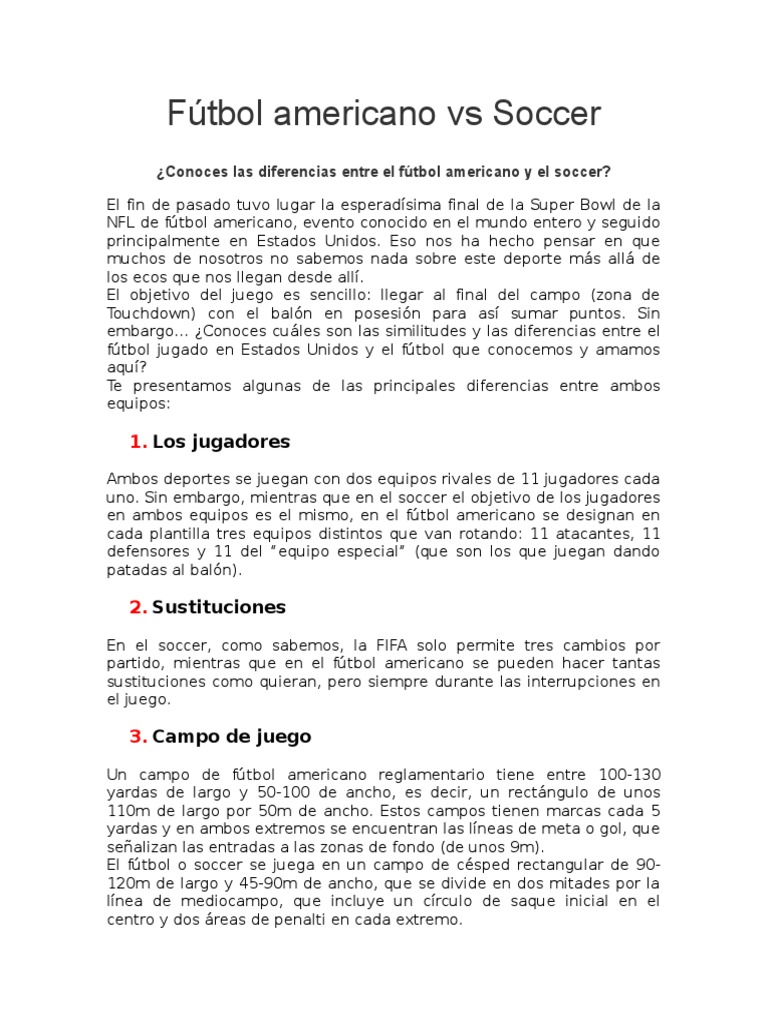 Fútbol Americano Vs Soccer | PDF | fútbol americano | Asociación de Futbol