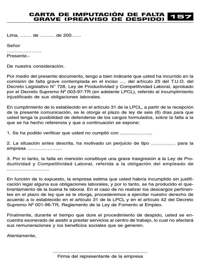 Carta de Imputacion de Falta Grave (Preaviso de Despido) | PDF | Derecho laboral | Instituciones ...