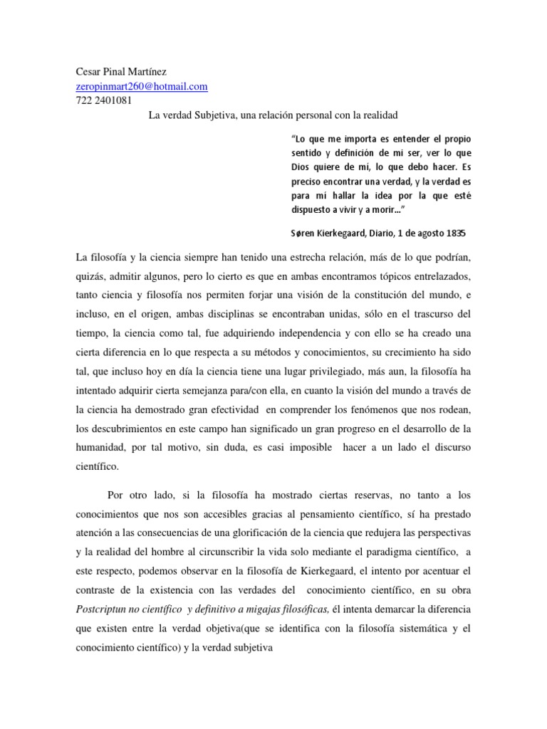 La Verdad Subjetiva, Una Relación Personal Con La Realidad | PDF | Søren Kierkegaard | Verdad