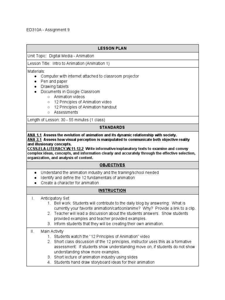 Ed310a - Assignment 9 - Lesson Plan - Ani 1 | PDF | Animation | English ...