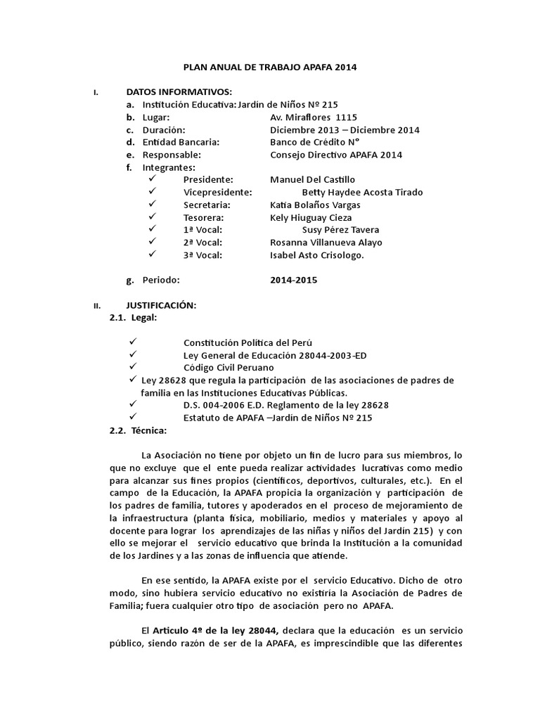 Plan de Trabajo APAFA | PDF | Jardín de infancia | Educación avanzada