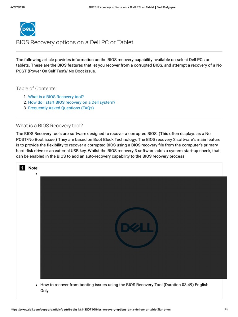 BIOS Recovery Options On A Dell PC or Tablet: Table of Contents | PDF ...