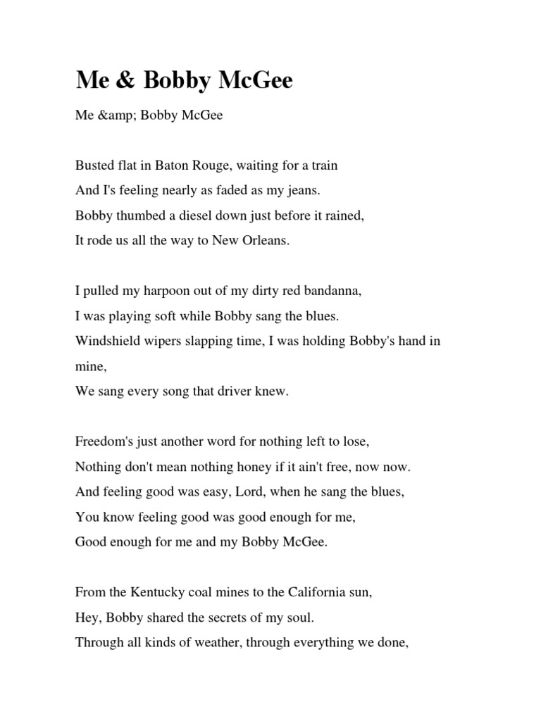 Janis Joplin's "Me & Bobby McGee" Lyrics | PDF