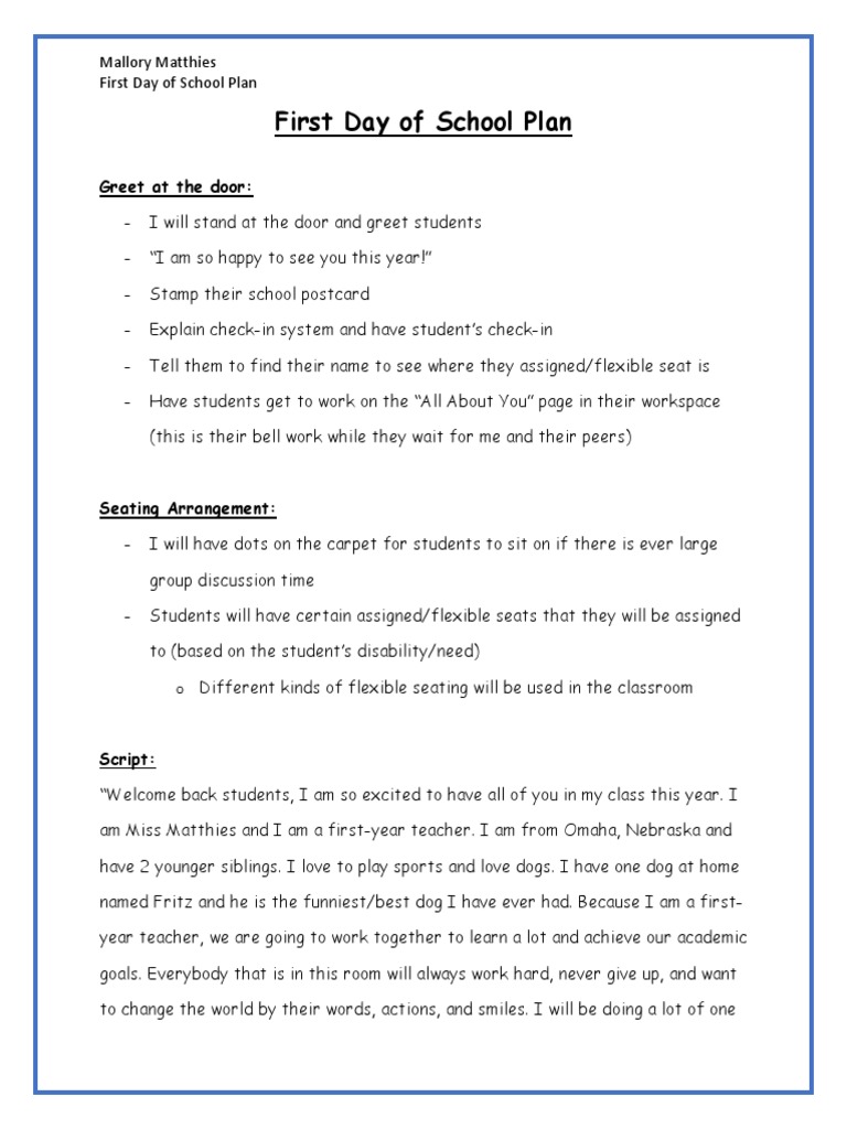 First Day of School Plan | PDF | Classroom | Teachers