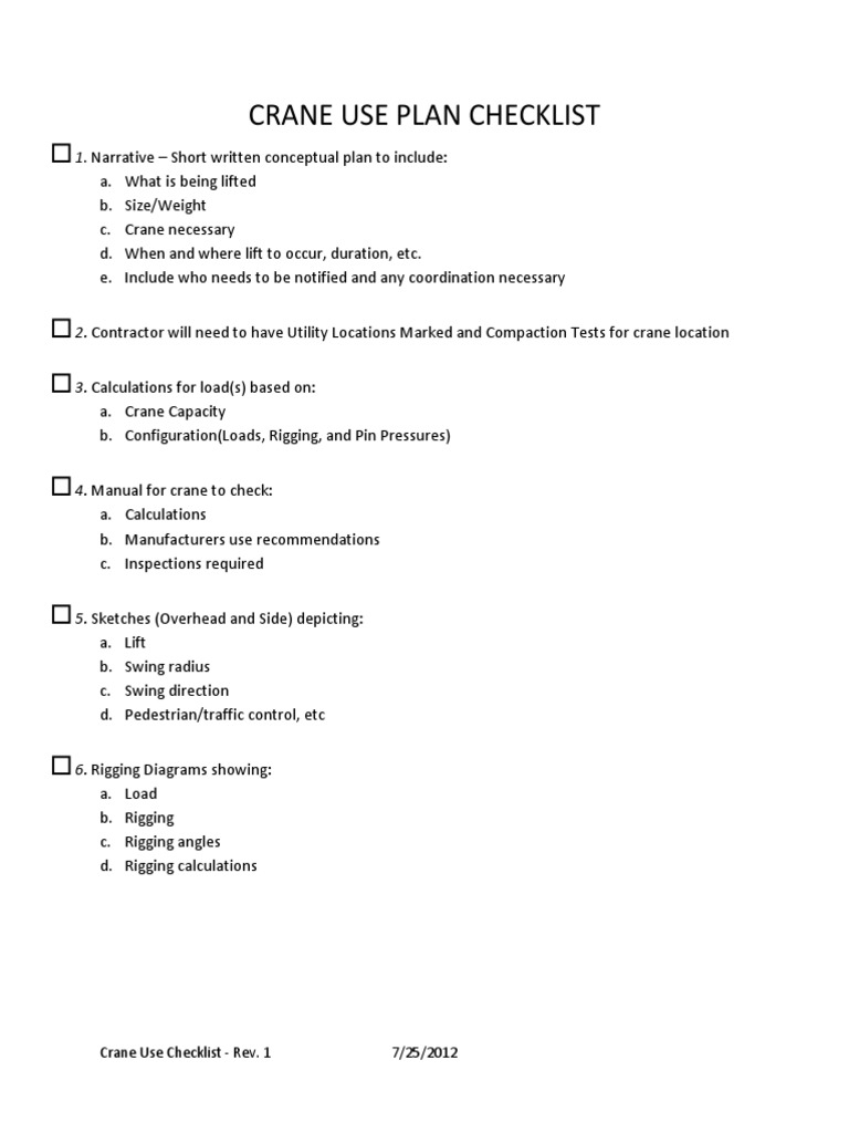 Crane Lift Plan Checklist-1 PDF | Download Free PDF | Crane (Machine)