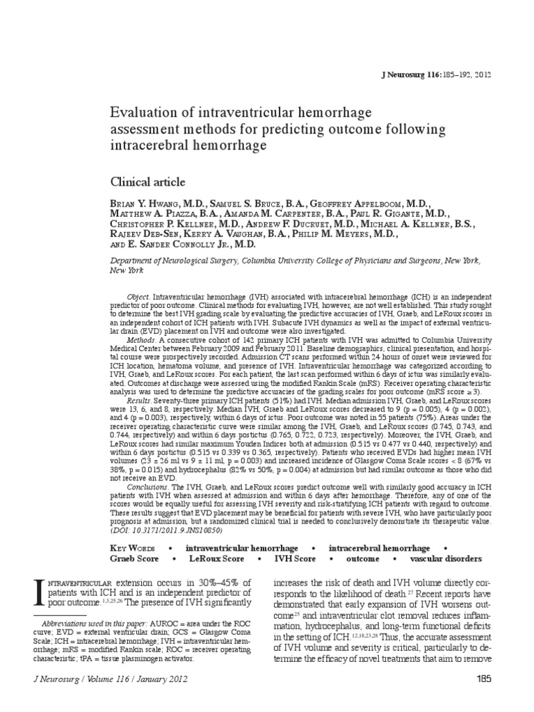 Evaluation of Intraventricular Hemorrhage Assessment Methods For Predicting Outcome Following ...