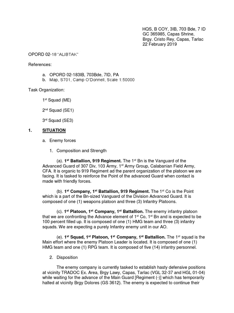 Opord Brief | PDF | Reconnaissance | Company (Military Unit)