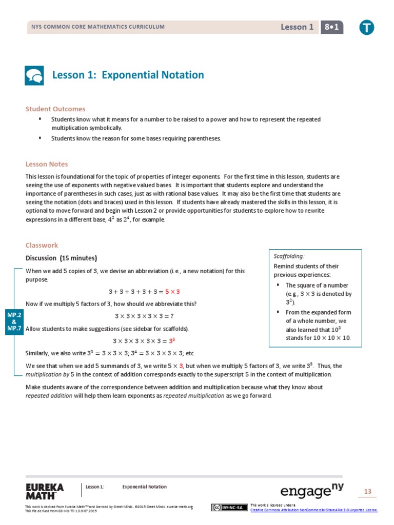 Math g8 m1 Topic A Lesson 1 Teacher | PDF | Exponentiation | Multiplication