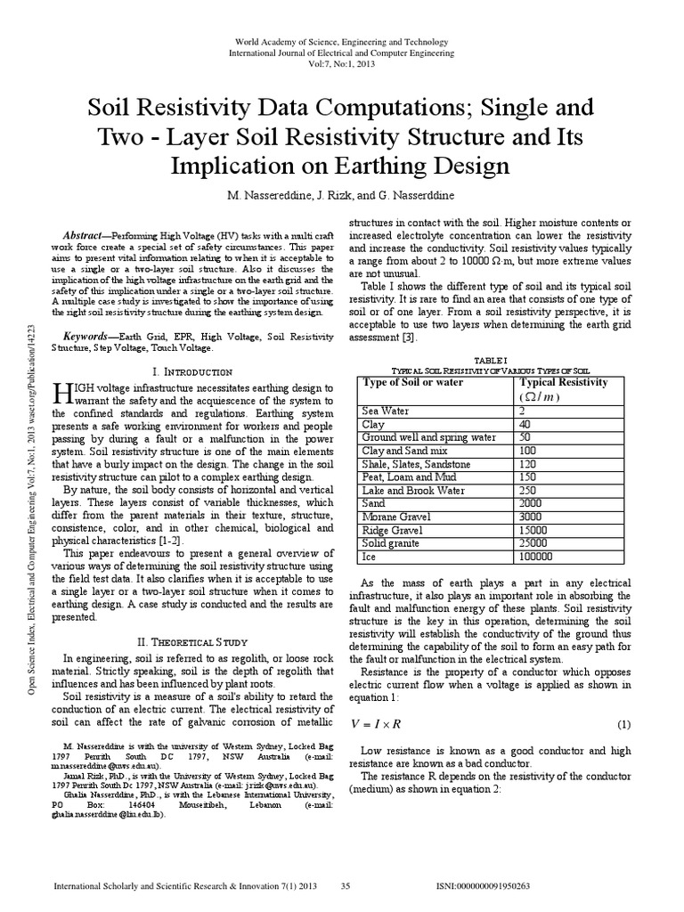 Soil Resistivity Data Computations Single and Two Layer Soil ...