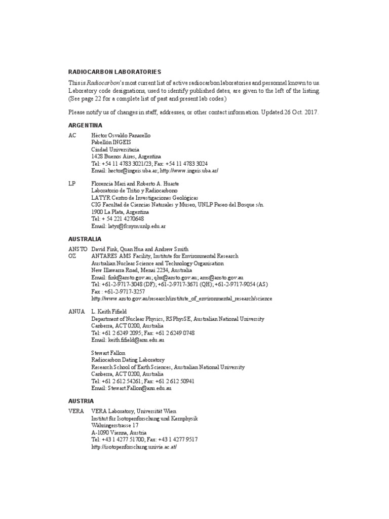 Global Radiocarbon Laboratories List | PDF | National Institute Of ...