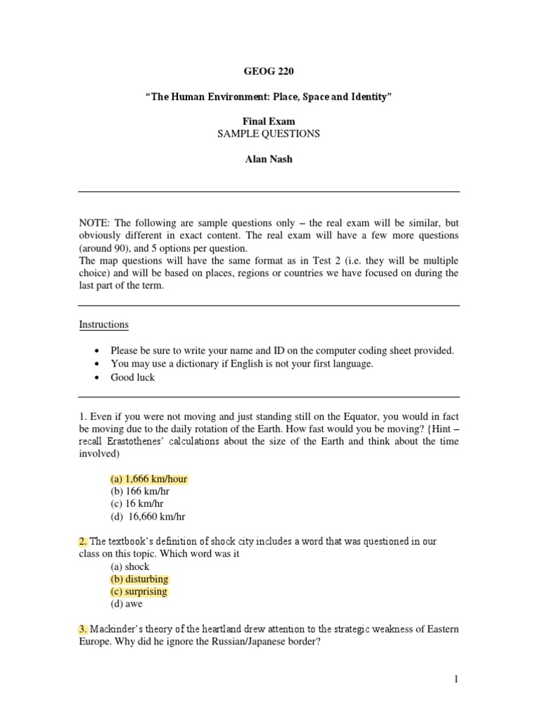 GEOG 220 Sample Exam Questions | PDF | Geopolitics | City