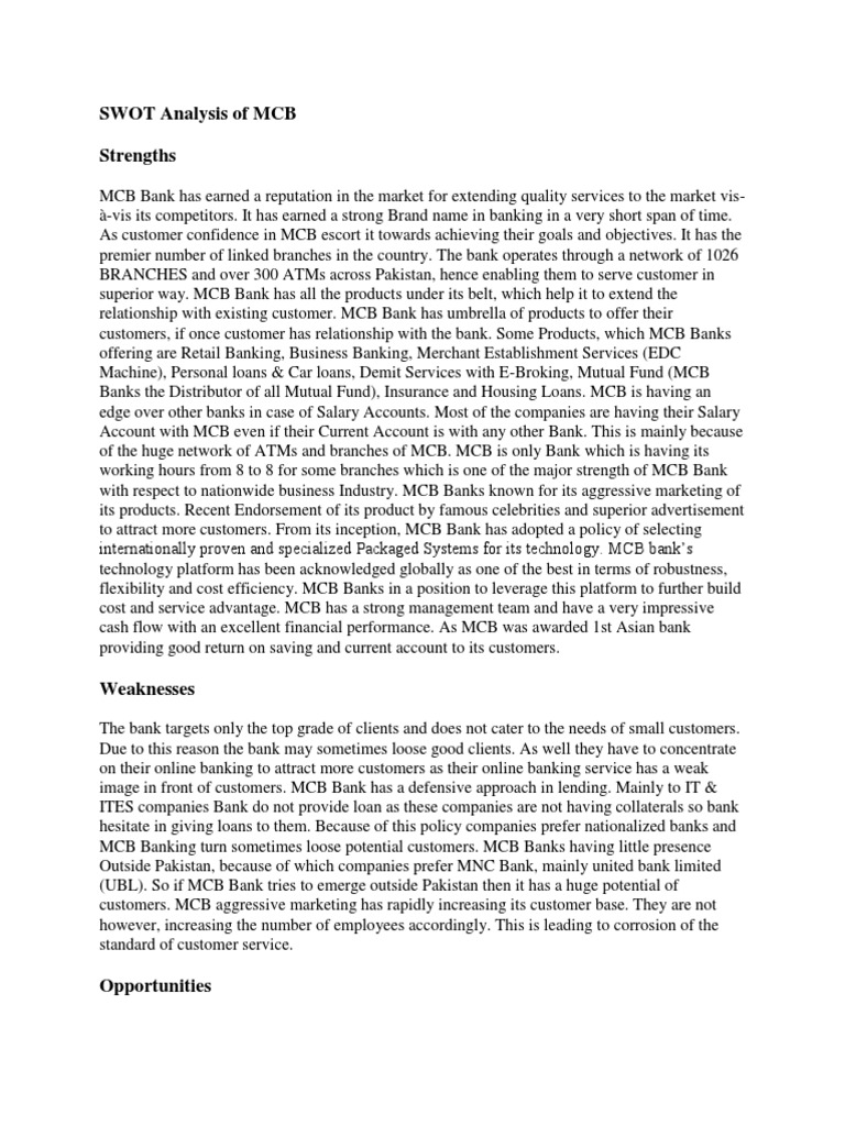 SWOT Analysis of MCB | PDF | Competition | Banks