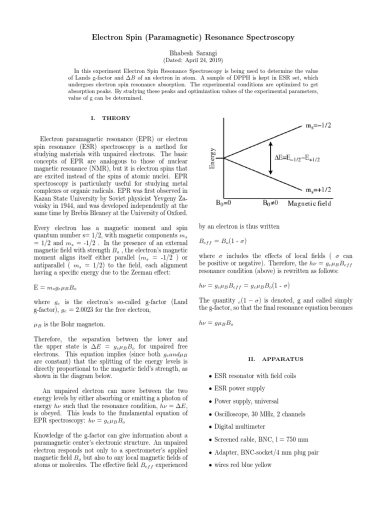 Esr PDF | PDF | Electron Paramagnetic Resonance | Atomic