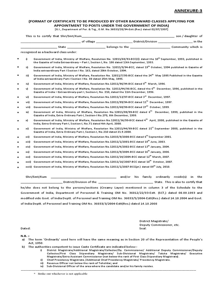 OBC Non-Creamy Layer Certificate PDF | PDF | Magistrate | Government Of India