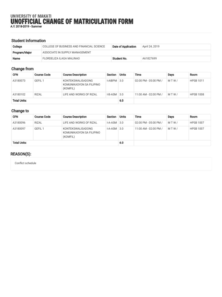 Unofficial Change of Matriculation Slip A.y.2018-2019 - Summer | PDF
