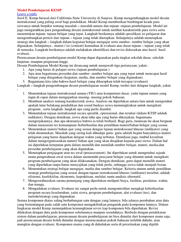 Model Pembelajaran KEMP | PDF | Karier & Perkembangan | Pengembangan Diri