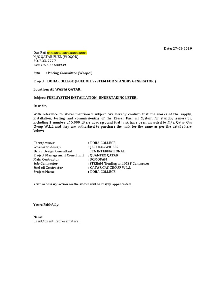 Undertaking Letter For Purchase Fuel Tank From Woqod | PDF | Fuels ...