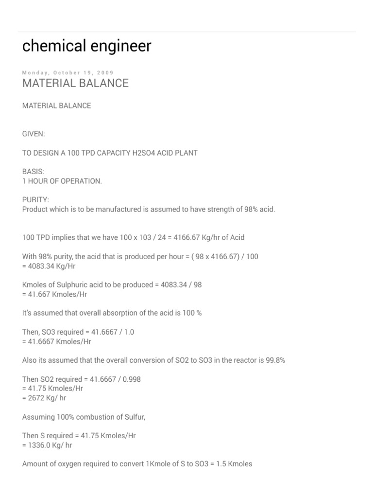 Material Balance Calculations for the Design of a 100 TPD Capacity ...