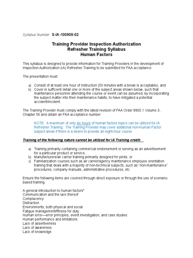 Training Provider Inspection Authorization Refresher Training Syllabus Human Factors | PDF ...