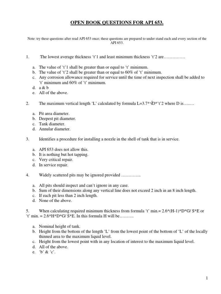 Api 653 Important Open Book Questions Table Pdf Strength Of