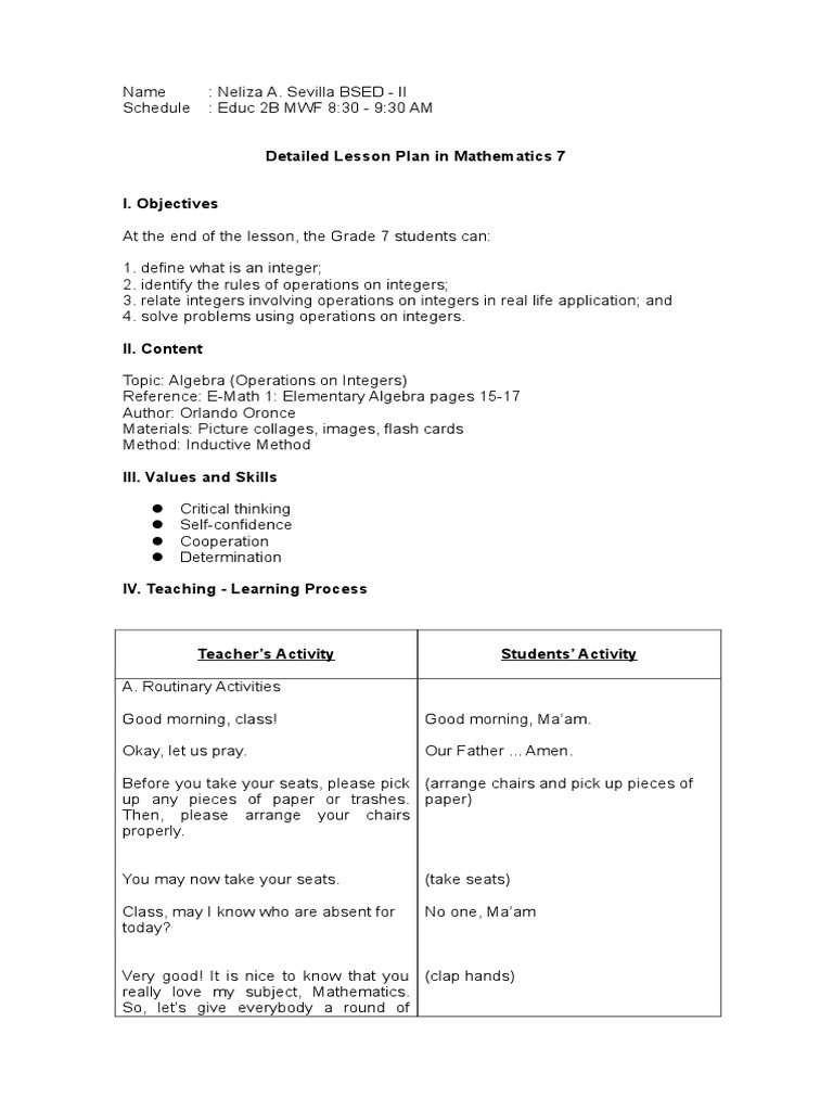 Detailed Lesson Plan in Mathematics 7 | PDF | Division (Mathematics ...