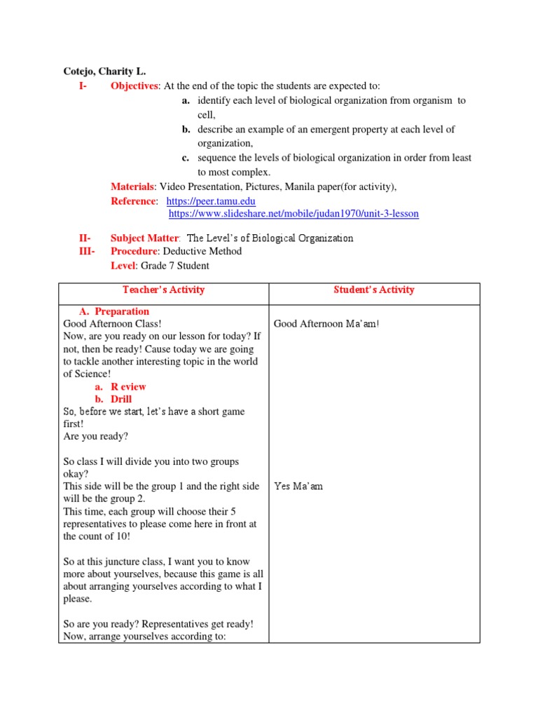 Levels of Biological Organization Lesson | PDF | Organ (Anatomy ...
