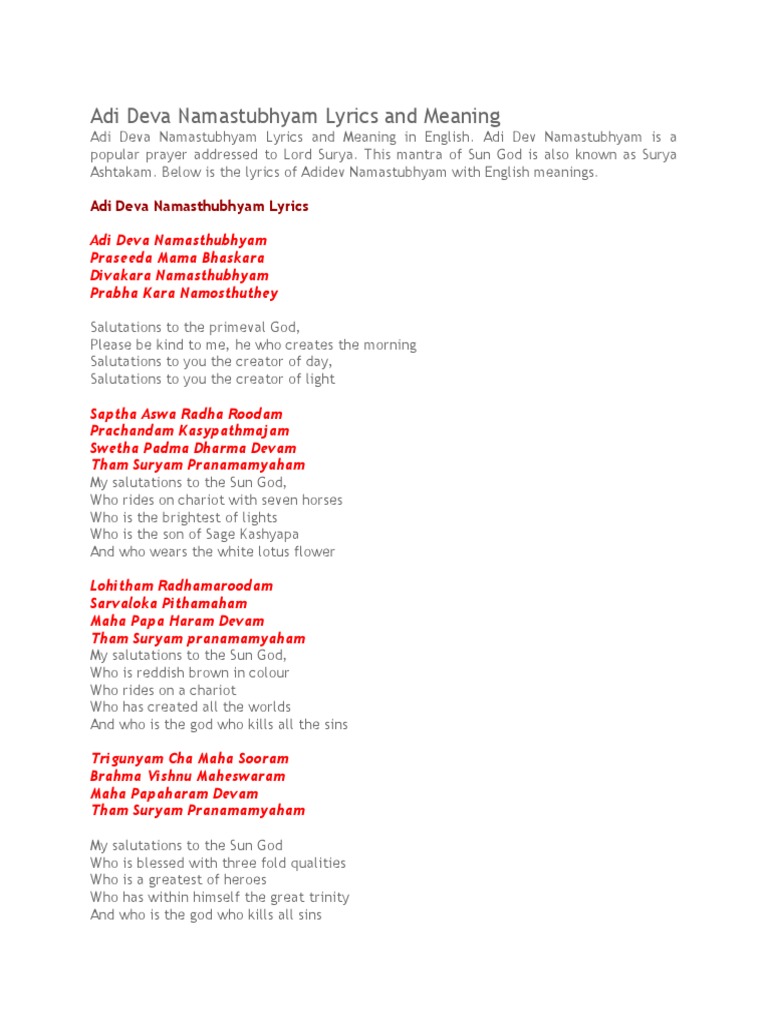 Adi Deva Namastubhyam Lyrics and Meaning | PDF | Hindu Mythology | Religious Belief And Doctrine