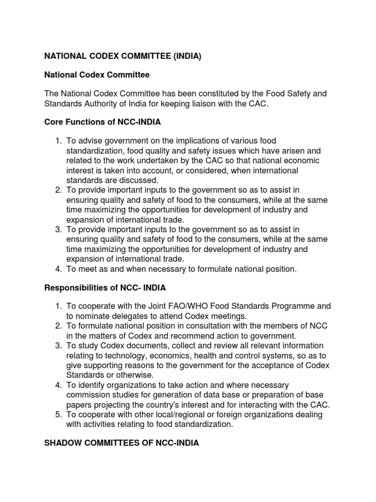 National Codex Committee (India) | PDF | Food Safety | Foods