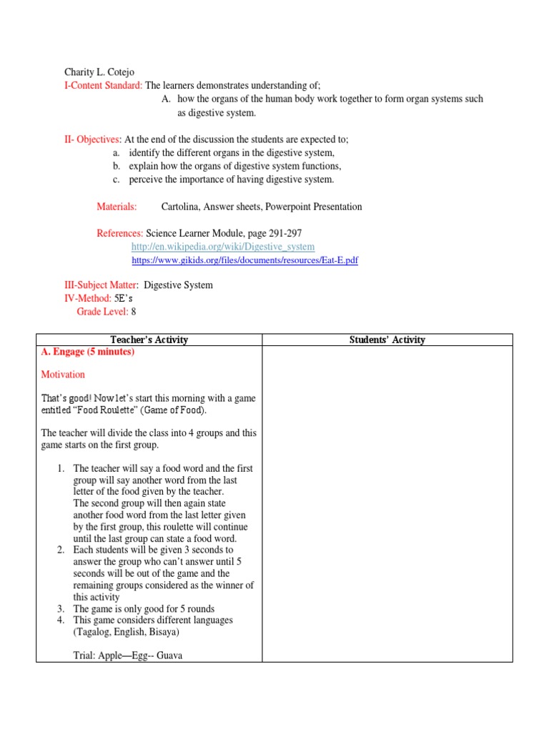 Digestive System Lesson Plan SC | PDF | Stomach | Human Digestive System