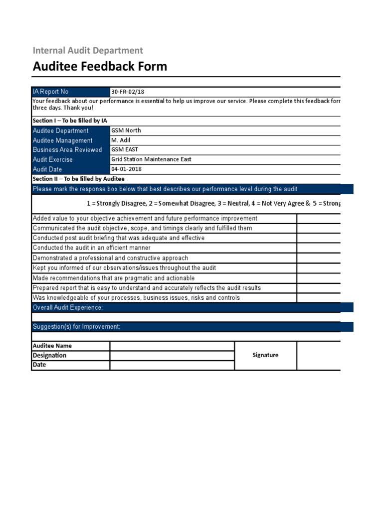 Auditee Feedback Form: Internal Audit Department | PDF