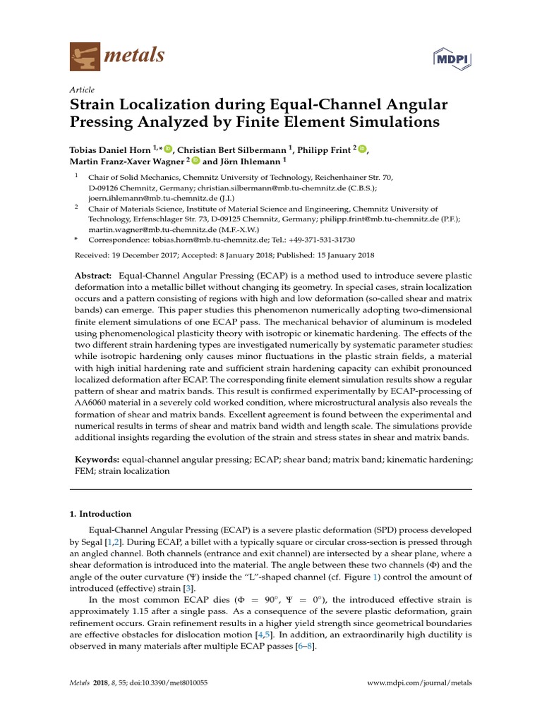 Metals: Strain Localization During Equal-Channel Angular Pressing Analyzed by Finite Element ...