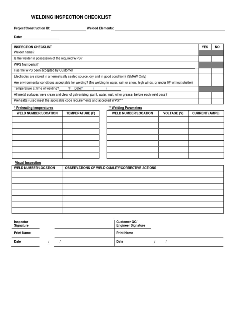 Welding Inspection Templates Workplace Safety Inspection Checklist