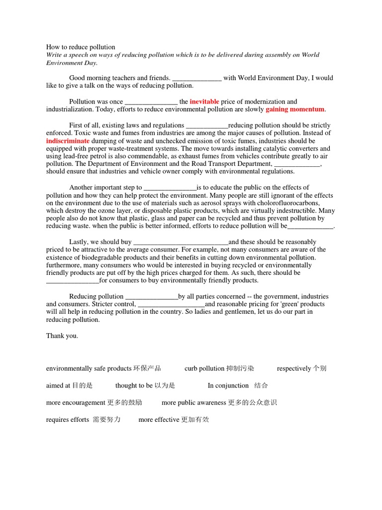 How To Reduce Pollution (Fill in The Blanks) | PDF | Pollution ...